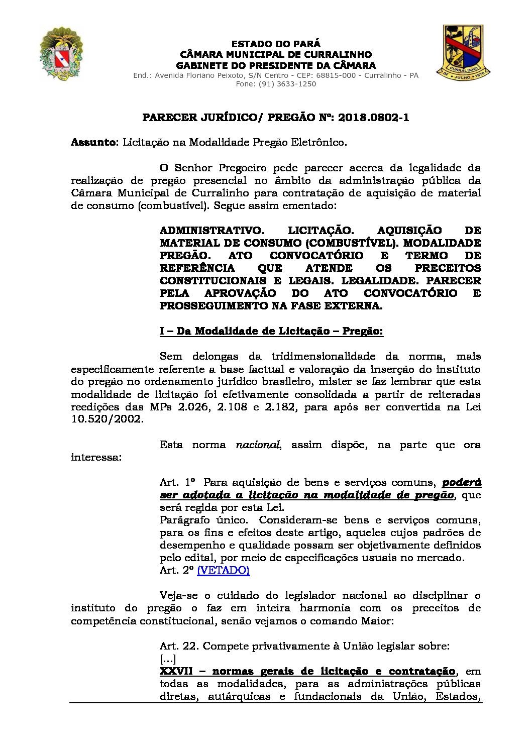 PARECER TÉCNICO - Câmara Municipal de Curralinho - PA